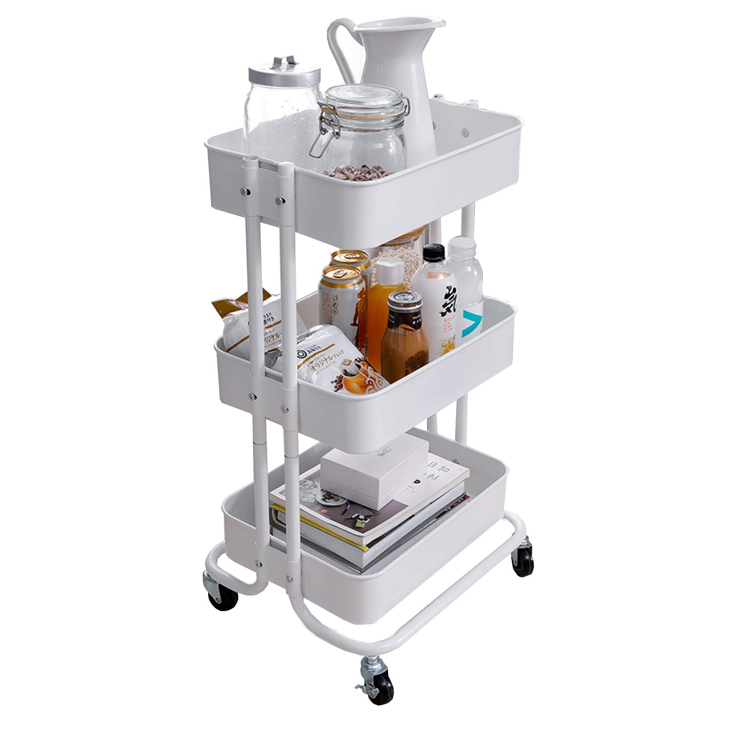 walsport 3-Tier Metal Mesh Rolling Cart Storage Organize Utility Cart for Kitchen Bathroom Home Office, White