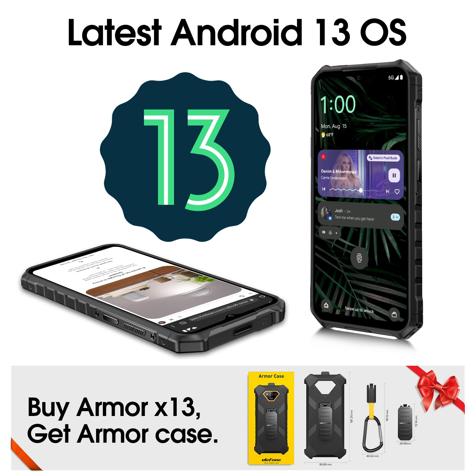 Ulefone Rugged Phones, Armor X13 (12+64GB), 50MP Rear Camera, 24MP Night Vision Camera, Android 13 OS Rugged Smartphone, 6.52β Screen, 6320mAh, NFC, GPS, Package with Exclusive Armor Case- Black