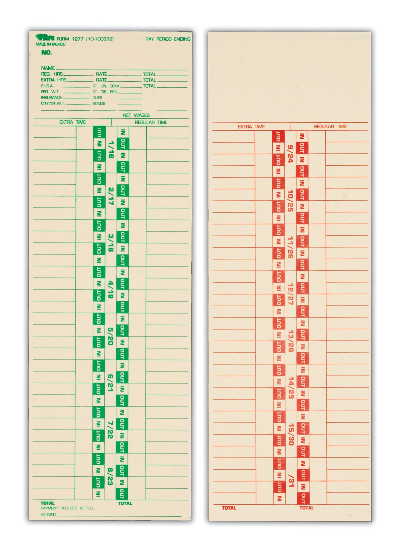 TOPS Time Cards, Semi-Monthly, 2-Sided, 3-1/2" x 10-1/2", Manila, Green/Red Print, 500-Count (1277)