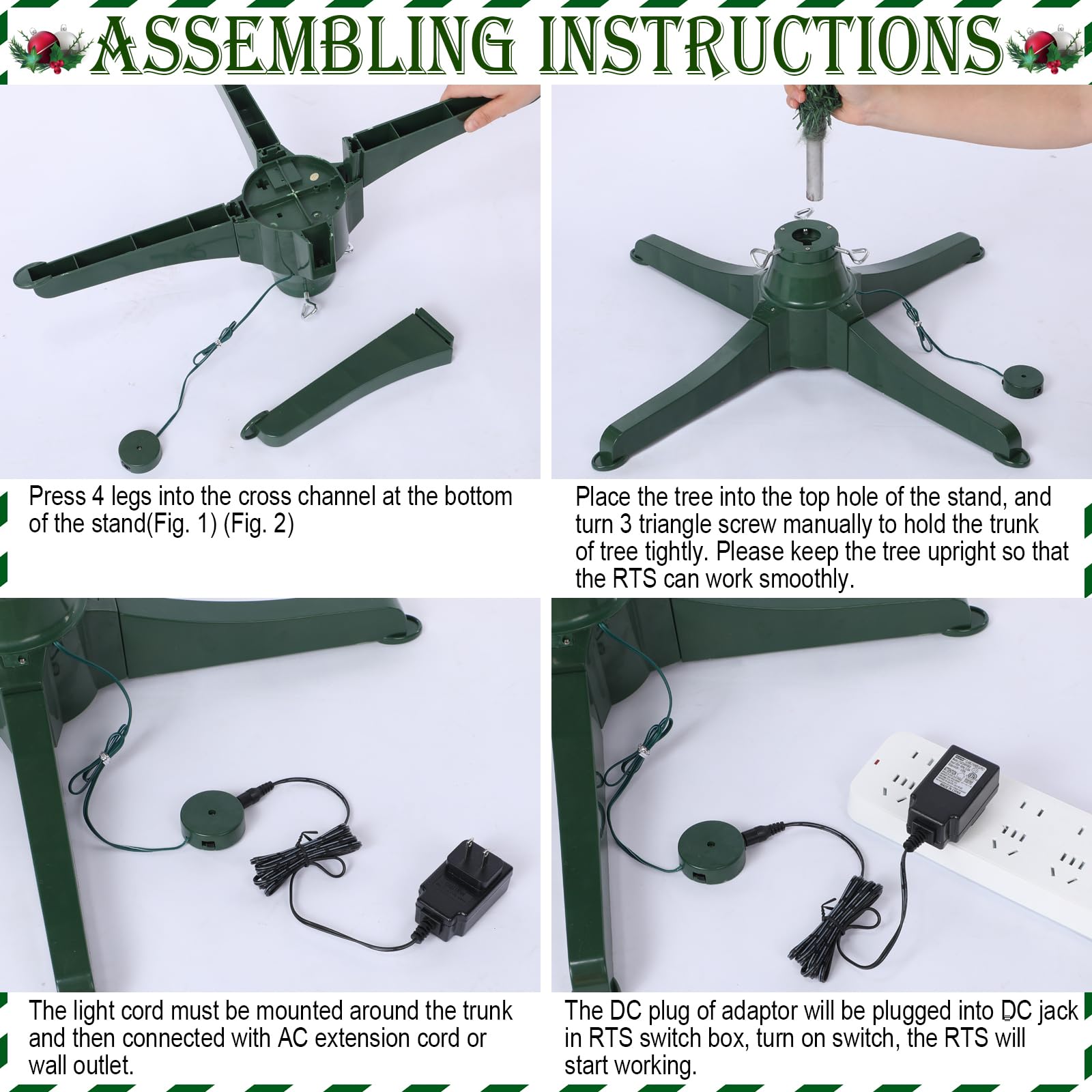 Xuhal 360 Degree Rotating Christmas Tree Stand Artificial Christmas Tree Stand Revolving Tree Spinner Stand Green Xmas Tree Base with Power Supply Adapter (25.98'', for Up to 7.5ft and 80 Pounds Tree)