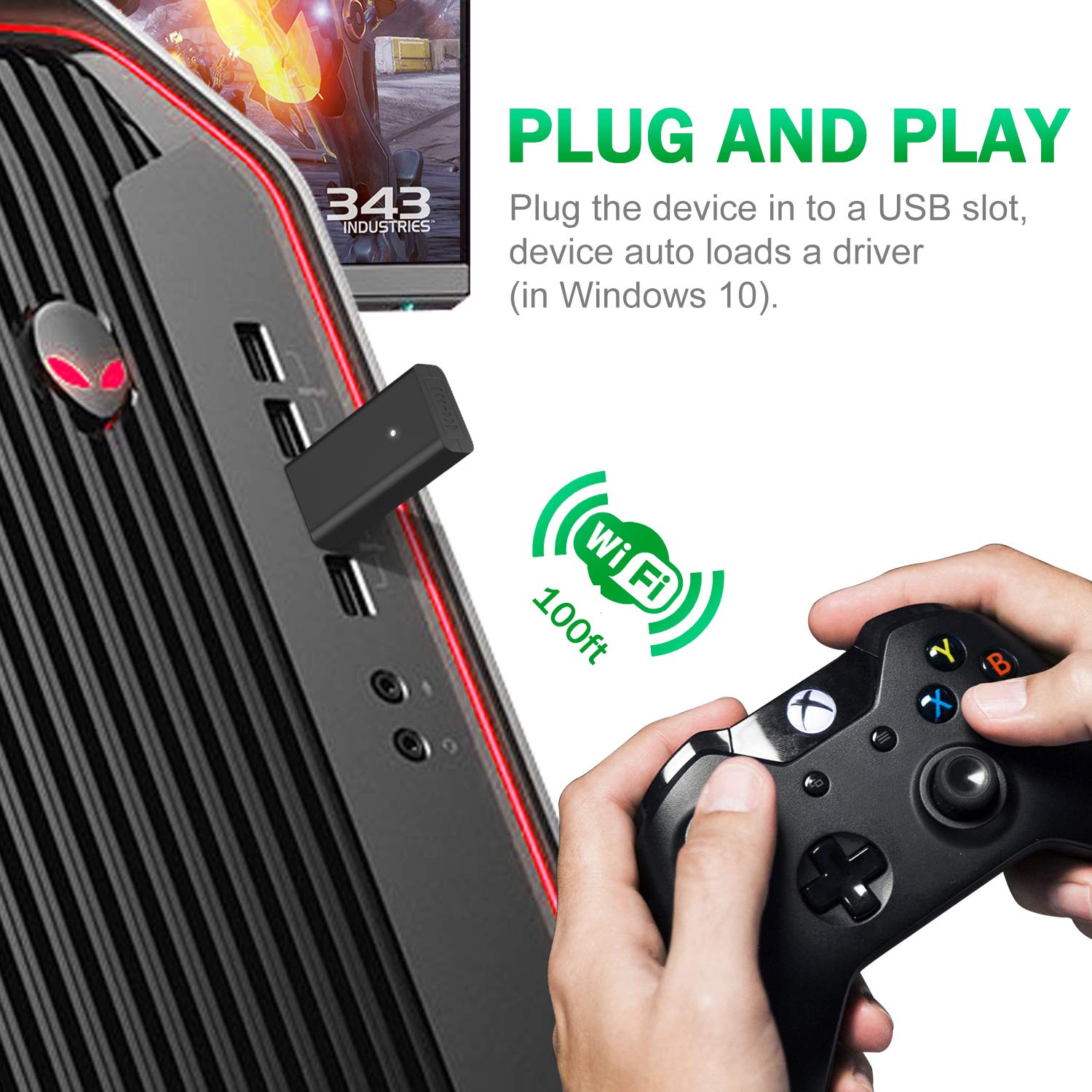 TOMSHEIR Wireless Adapter for Xbox One for Windows 10 Compatible with Xbox One Controller, Xbox One X/S and Elite Series Controller (Signal Enhanced Version)
