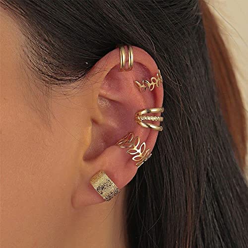 U-M 5Pcs / Set Ear Cuffs, Simple Earrings, C-Shape Ear Bone Clips, Multi-Layer Wrap Earrings, Without Pierced Earring Set, Leaves Ear Cuff(Silver) Nice Design