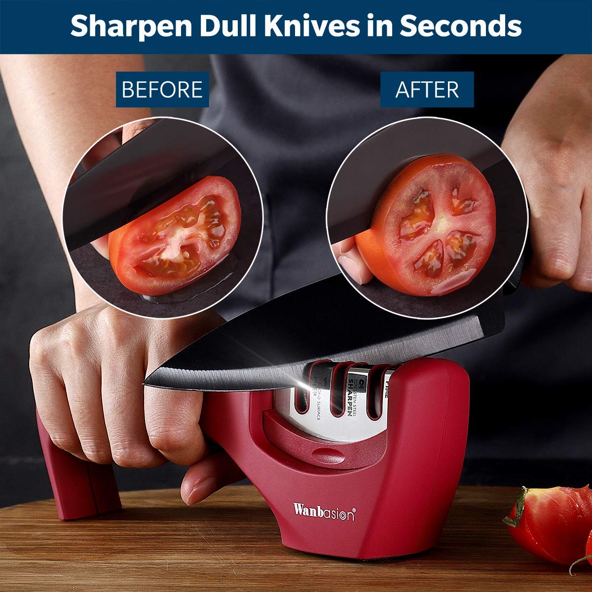 Wanbasion Black Kitchen Knife Sharpener Professional 3 Stages, Kitchen Knife Sharpener Manual Sharpening, Knife Sharpener for Kitchen Knives with Stainless Steel Ceramic Diamond Blade