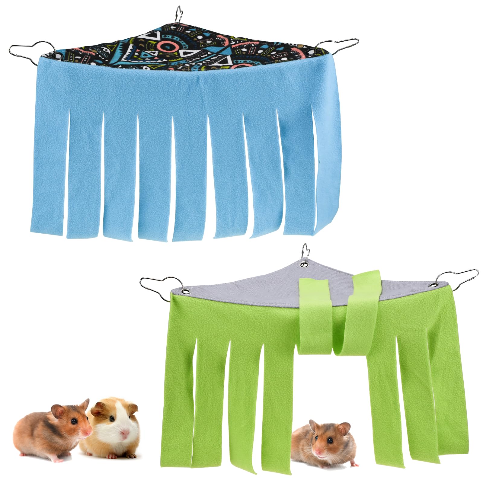 Ullnosoo Guinea Pig Corner Hideout, 2Pcs Hamster Hideaway Fleece Toys Cage Accessories for Chinchilla Rat Hamster Hedgehog Rabbit Ferret Squirrel, Removable Blue and Green