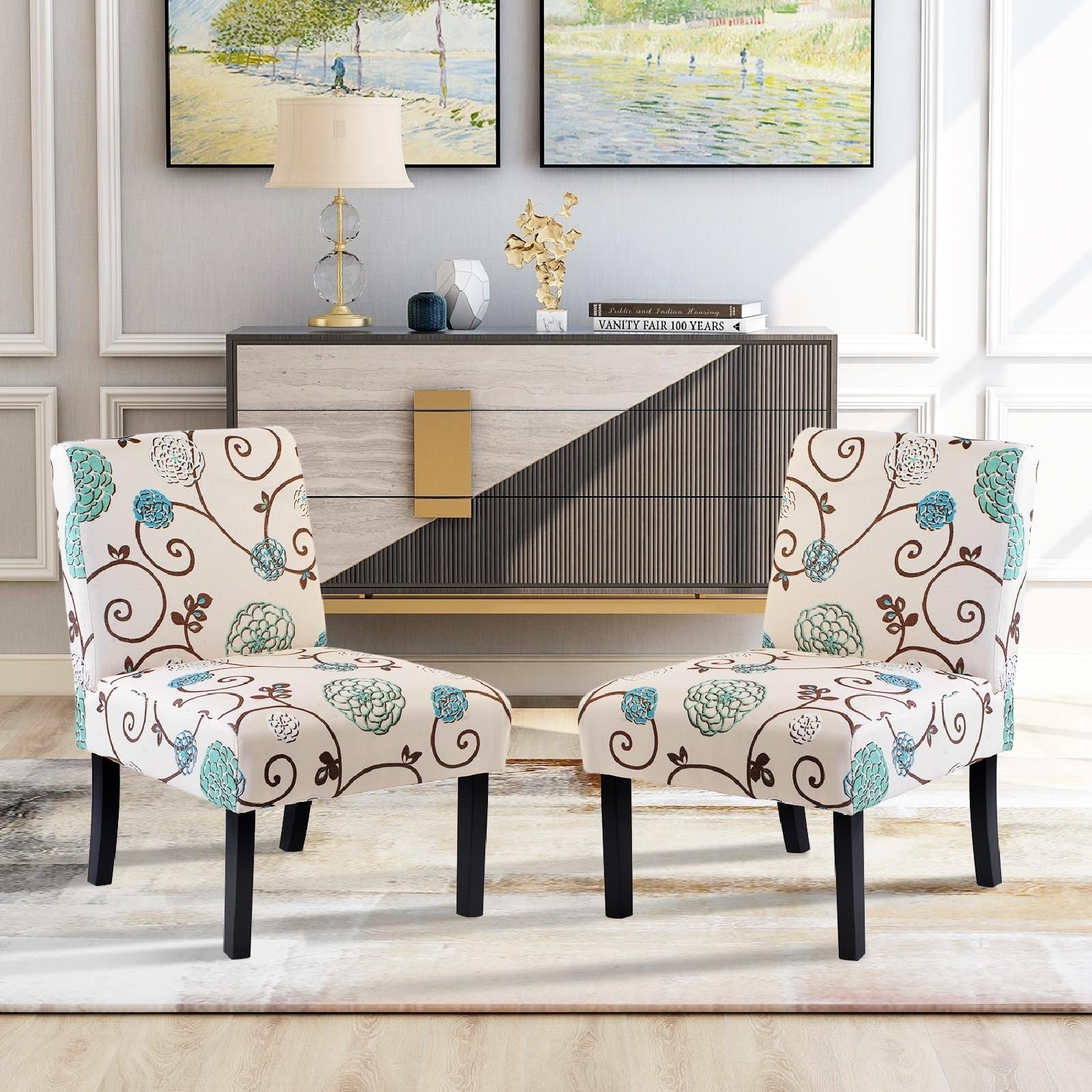 Wycian Kitchen Chair High Chair Seat, Sofa Chair Set 2PCS Upholstered Beige with Script Pattern Seat Height 16.5" Living Room Bedroom Dining Rooms Garden