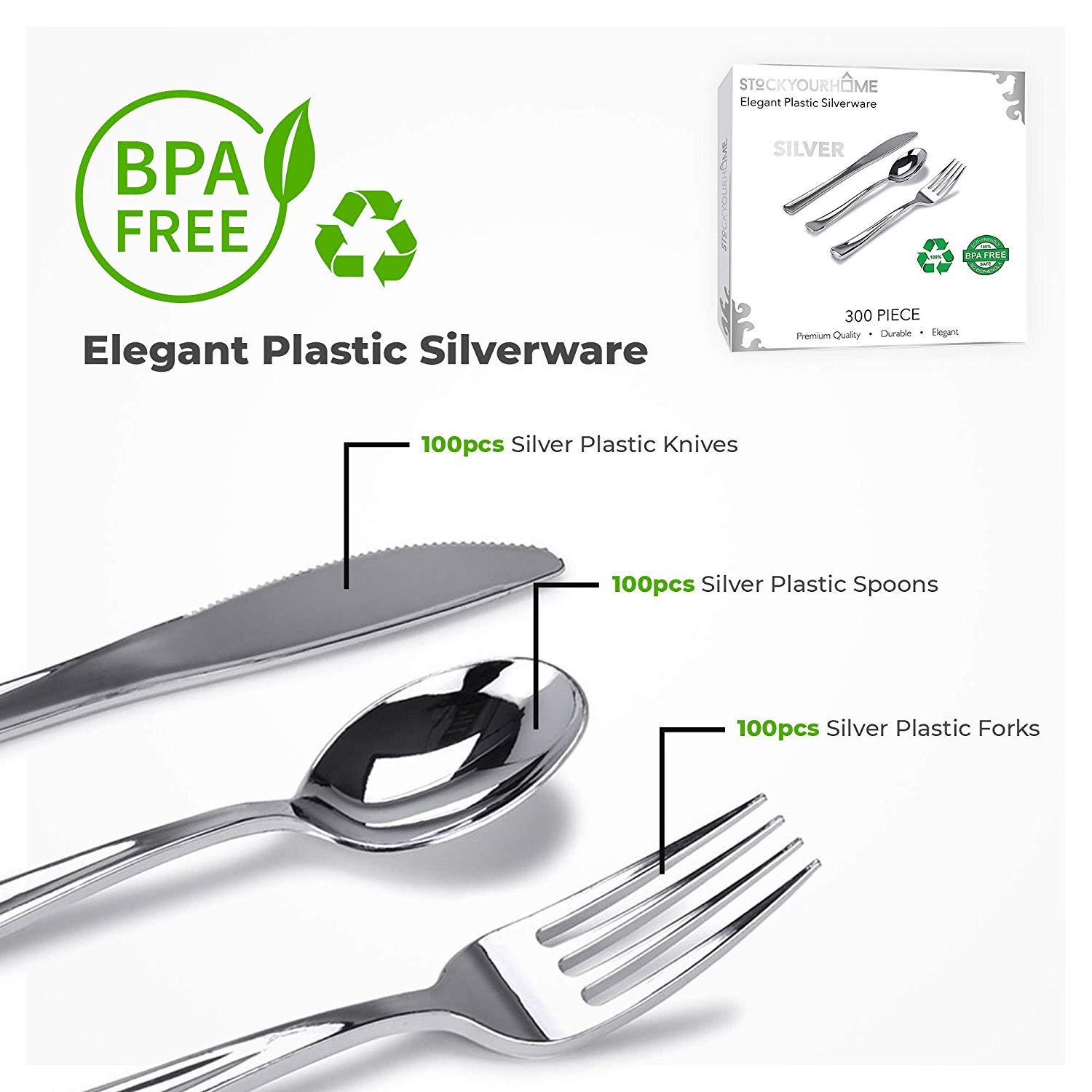 Stock Your Home Silver Plastic Cutlery Set 300 Pack Disposable Silverware Heavy Duty Plastic 100 Forks, 100 Knives, 100 Spoons for Catering Events, Parties, Dinners, Weddings, Receptions, Everyday Use