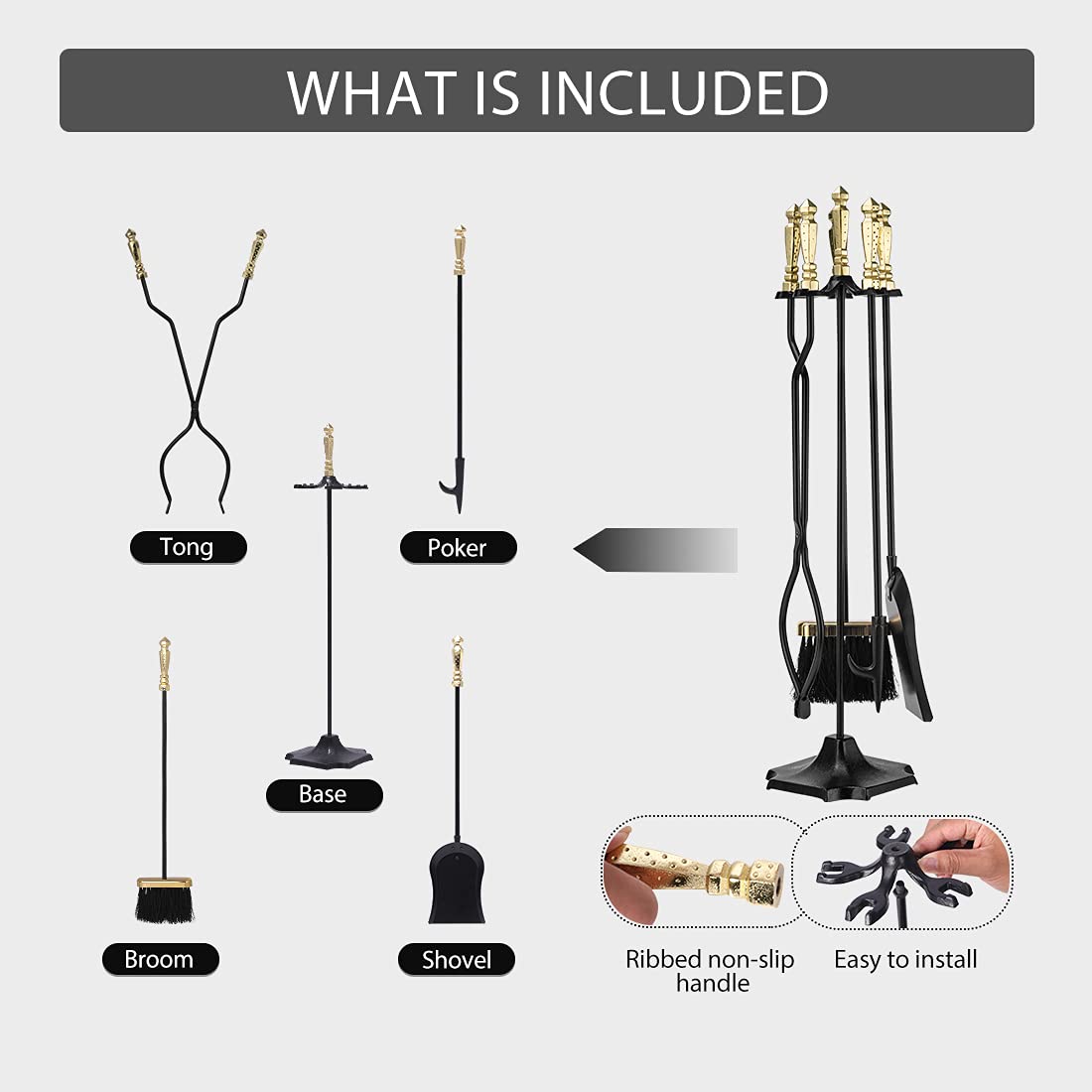 VIVOHOME Rustic Wrought Iron 5 Pieces Fireplace Tool Set with Poker Tongs Broom Shovel Stand and Brass Handle
