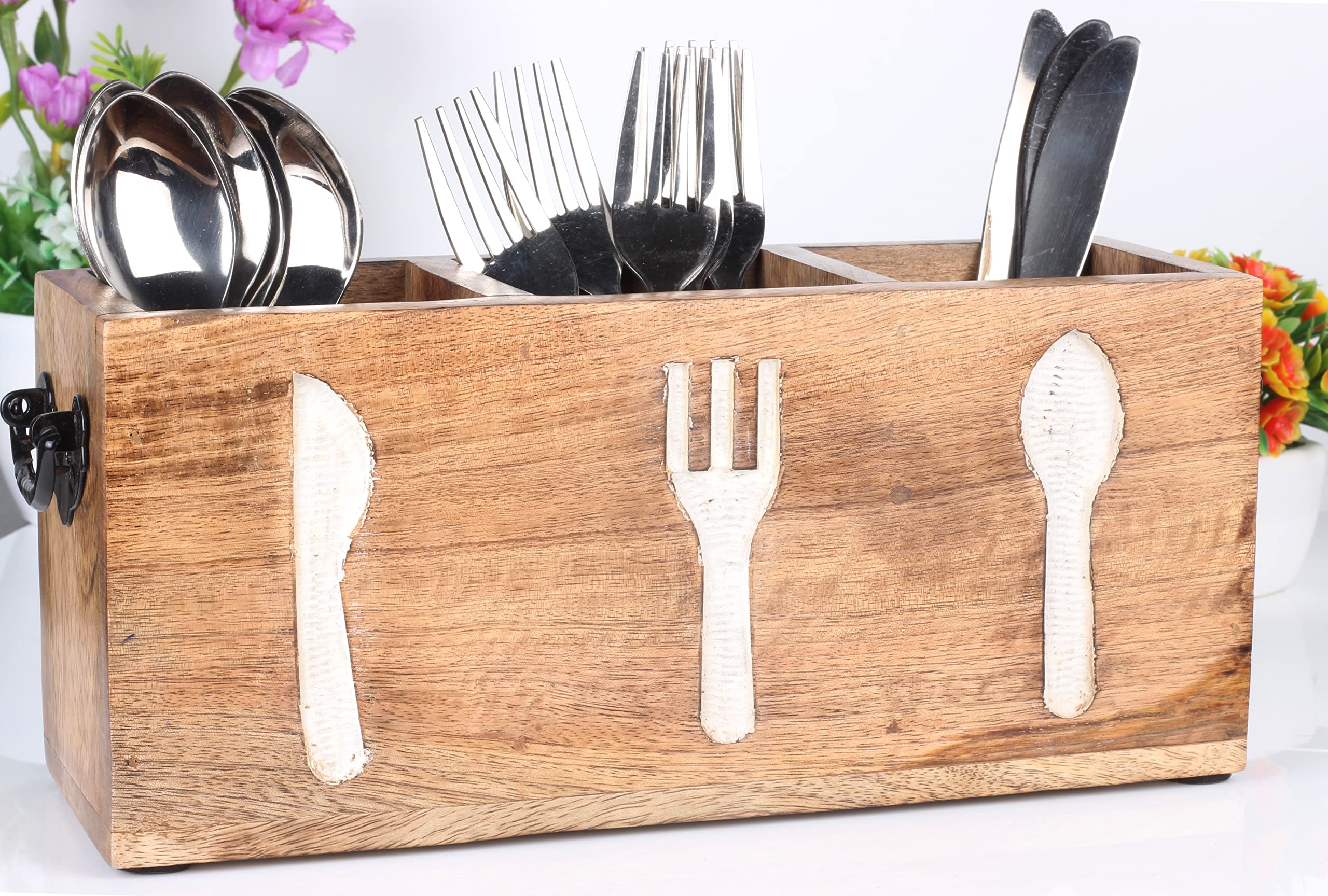 TrendBell Christmas Gift 3-Slot Wooden Utensil Caddy for Kitchen Countertop, Multi-Purpose Wooden Desk Organizer Work Desk, Bathroom, Cutlery Caddy, Office Supplies Organizer – 10.75 X 3.5 X 4 Inches