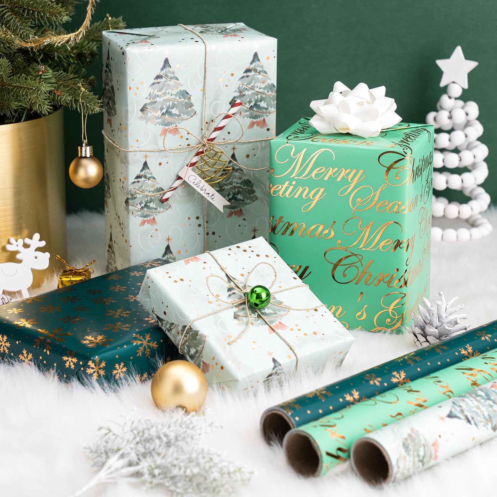 WRAPAHOLIC Christmas Wrapping Paper Roll - Mini Roll - 3 Rolls - 17 Inch X 120 Inch Per Roll - Green Christmas Tree, Snowflake Holiday Collection with Metallic Foil Shine