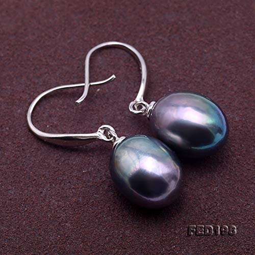 Womens Pearl Sterling Silver Dangle Earrings AAA Quality 9x11.5mm Oval Black Freshwater Pearl Fishhook Earrings
