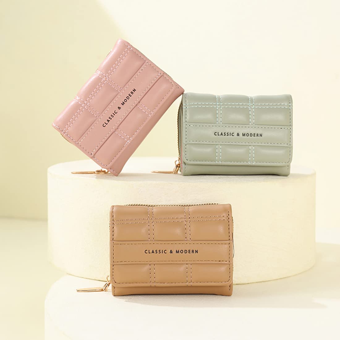 Sunwel Fashion Quilted Women's Wallets with Exterior Zipper Around Coin Purse Tri-fold Bill Wallet with 7 Card Slots 1 ID Window (GREEN)