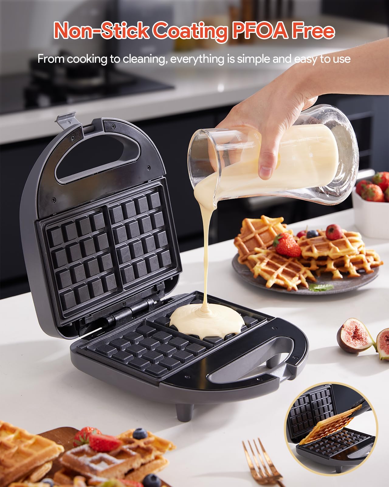 Waffle Maker Double, Waffle Iron Machine Non-Stick Extra Large, Breakfast Stuffed 2-Slice Belgian, Electric Fast Heat Up, Snack, Gray 750W BEZIA