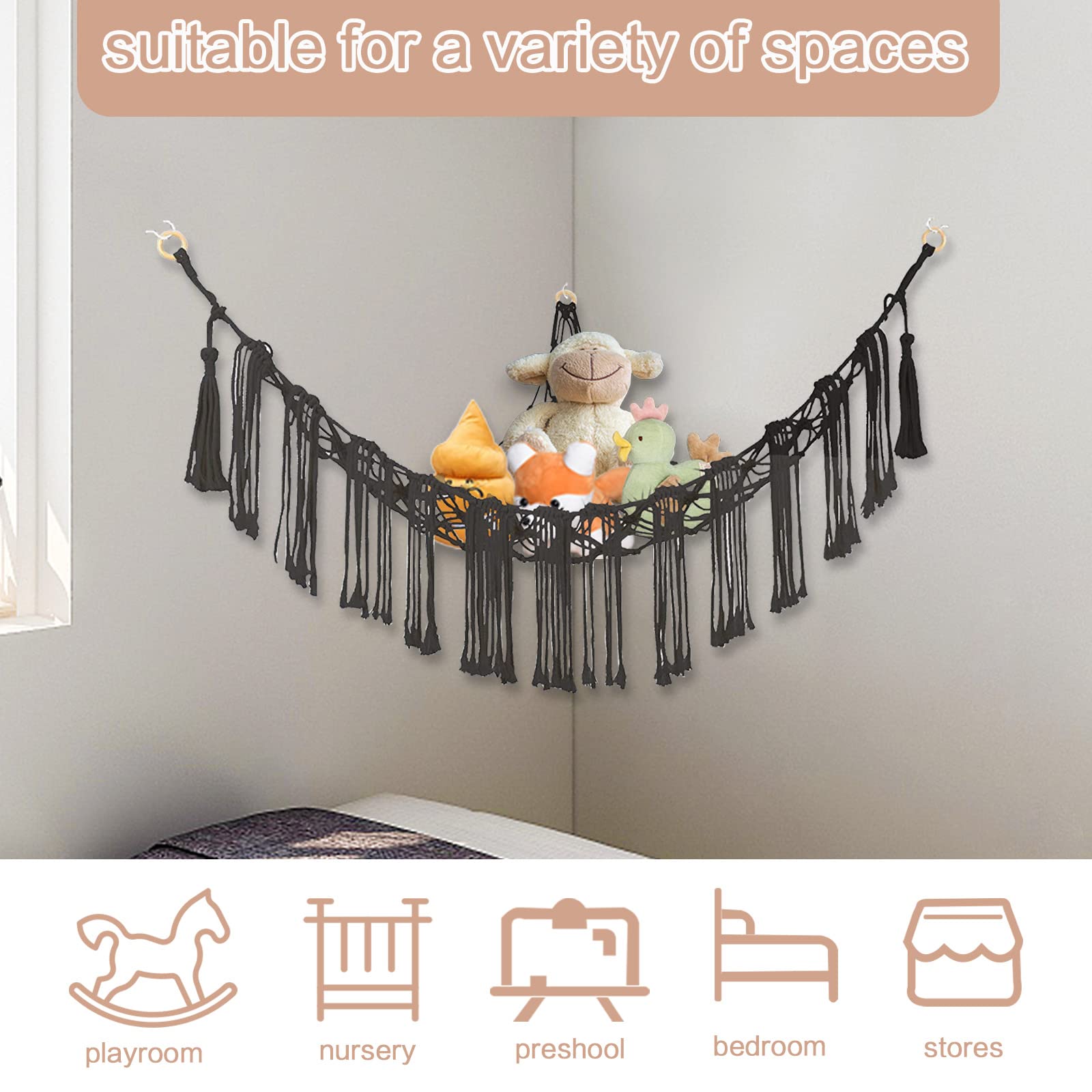 Triangle Stuffed Animal Hammock, 2 Sets Hammock for Stuffed Animals with Macrame Tassels, 59"x 40"x40" Net for Stuffed Animals Corner, Stuffed Animal Net or Hammock for Bedroom (Black)