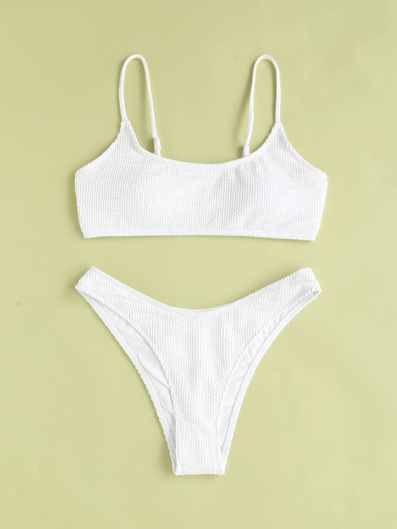 SherryDC Women's Textured Scoop Neck Padded High Cut Thong Bikini Swimsuit White