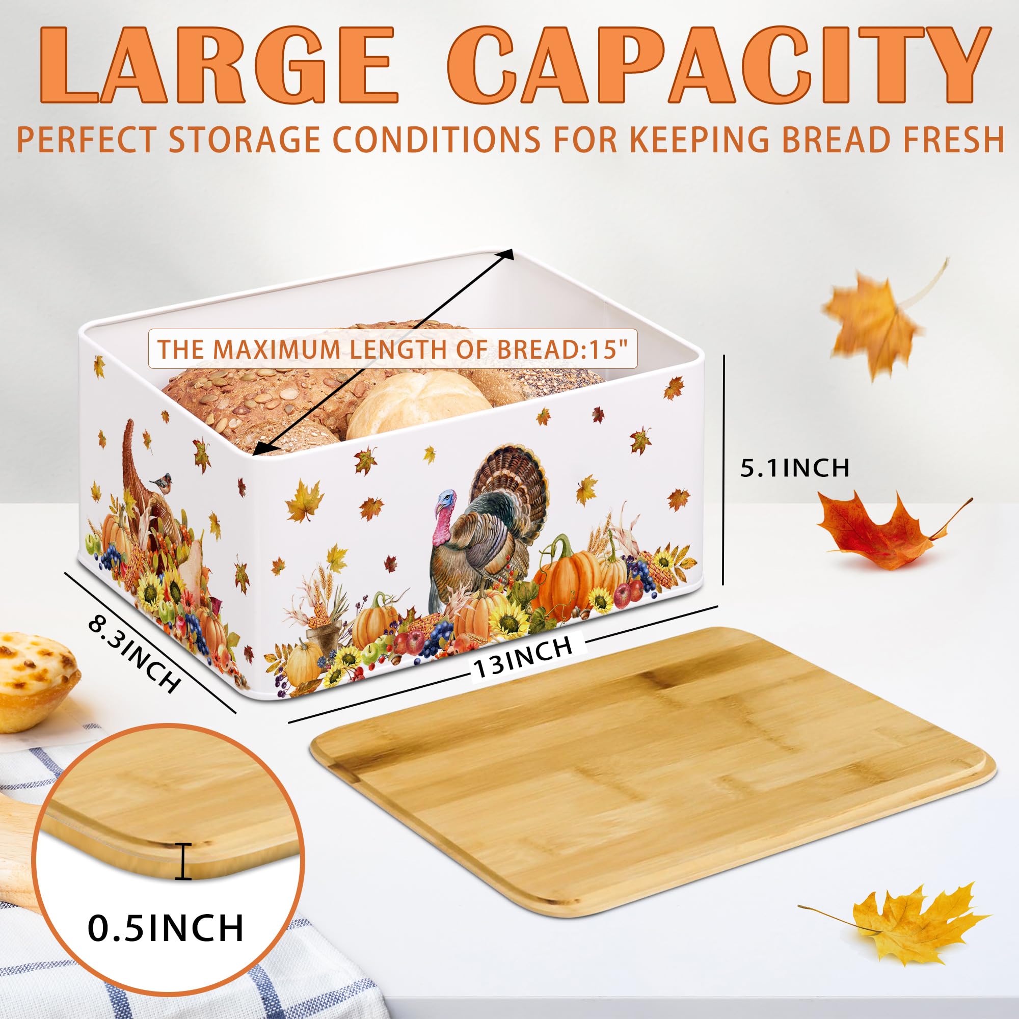 Thanksgiving Decorations, Turkey Thanksgiving Bread Box with Lid, Thanksgiving Bread Storage Kitchen Countertop Decor, Metal Farmhouse Rustic Home Bread Keeper Container Organizer 13"x8.3"x5.1"