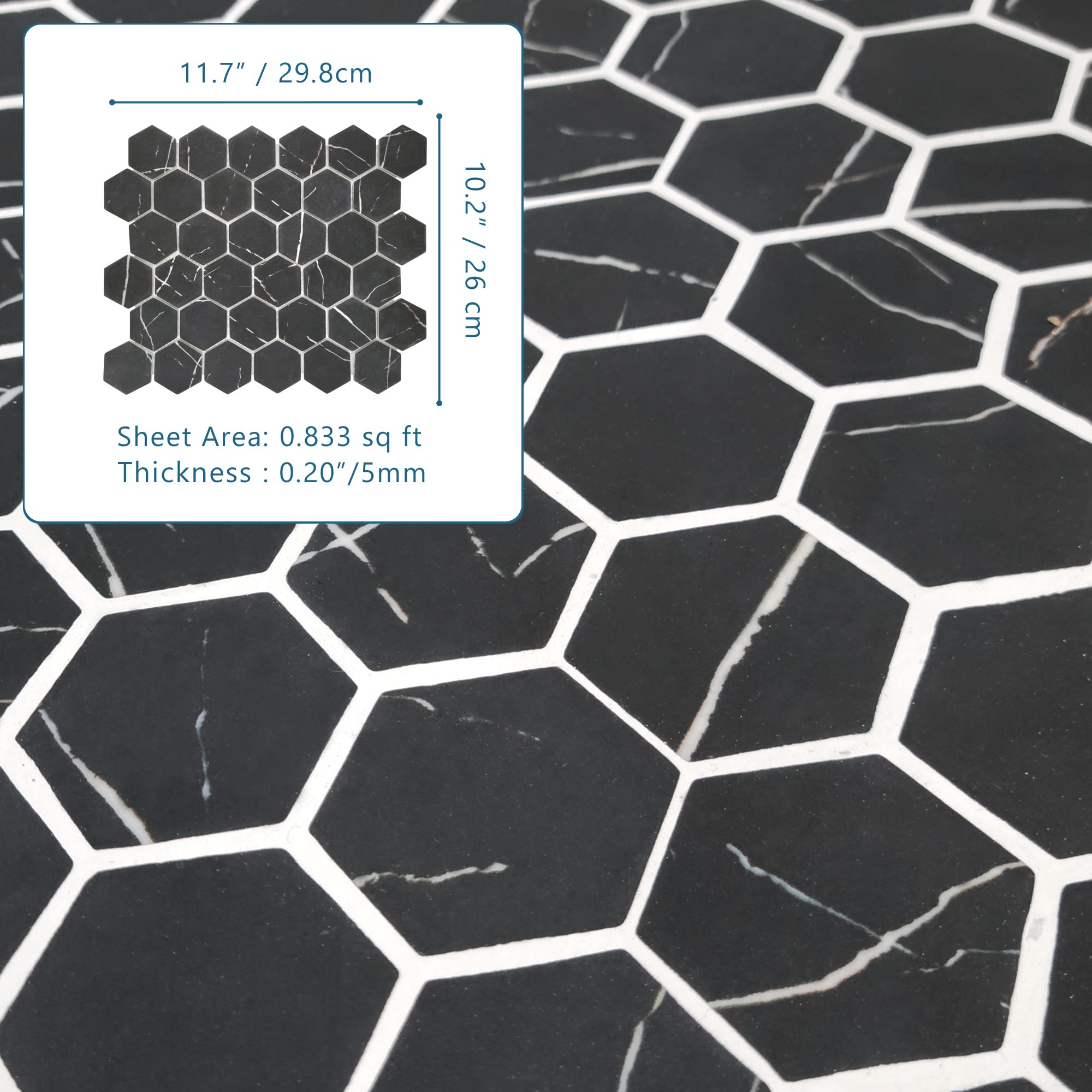 Sunwings Hexagon Tile for Shower Floor Border Kitchen Bathroom Backsplash. Black Marquina Marble Stone Looks Wall and Floor Tile, 10 Sheets,