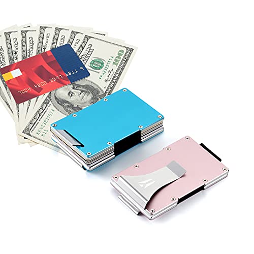 Yeacun Minimalist Women Man Aluminum Metal RFID Blocking Anti-theft Wallet, Pink Pull-out Design Convenient Credit Card Holder