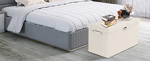Tamfile 30 inches Folding Storage Ottoman with Lock,Fireproof Bedroom Bench with Storage,Beige Footrest with Foam Padded Seat,Ottoman Foot Rest for Bed Room,Storage Chest, Foot Rest Stool