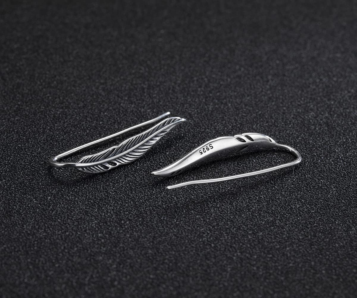 SLUYNZ 925 Sterling Silver Feather Crawler Earrings for Women Climber Earrings Cuff Earrings Wrap (A-Silver)