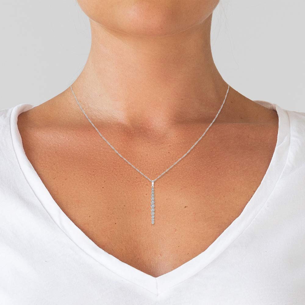 Vertical Bar Necklace Bezel Set Diamonds Journey Pendant in 925 Sterling Silver 0.13ct (I-J, I3), 18 inch, by Keepsake