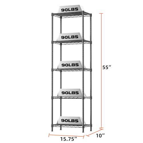 SINGAYE 5 Tier Shelf Wire Shelving Adjustable Storage Shelves Storage Rack,Standing Storage Shelf Units for Kitchen Closet Laundry Bathroom Pantry,Narrow Mesh Gaps,16”W x 10”D x 55”H,Black