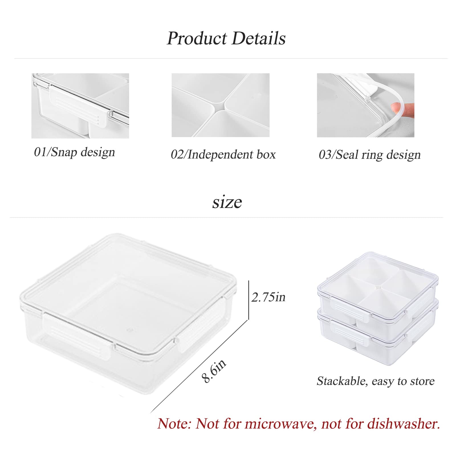 TOKLYUIE Veggie Tray with Lid Reusable Large Divided Serving Snack Tray with Lid Fruit Platter Vegetable Tray Food Storage Container with 4 Compartments