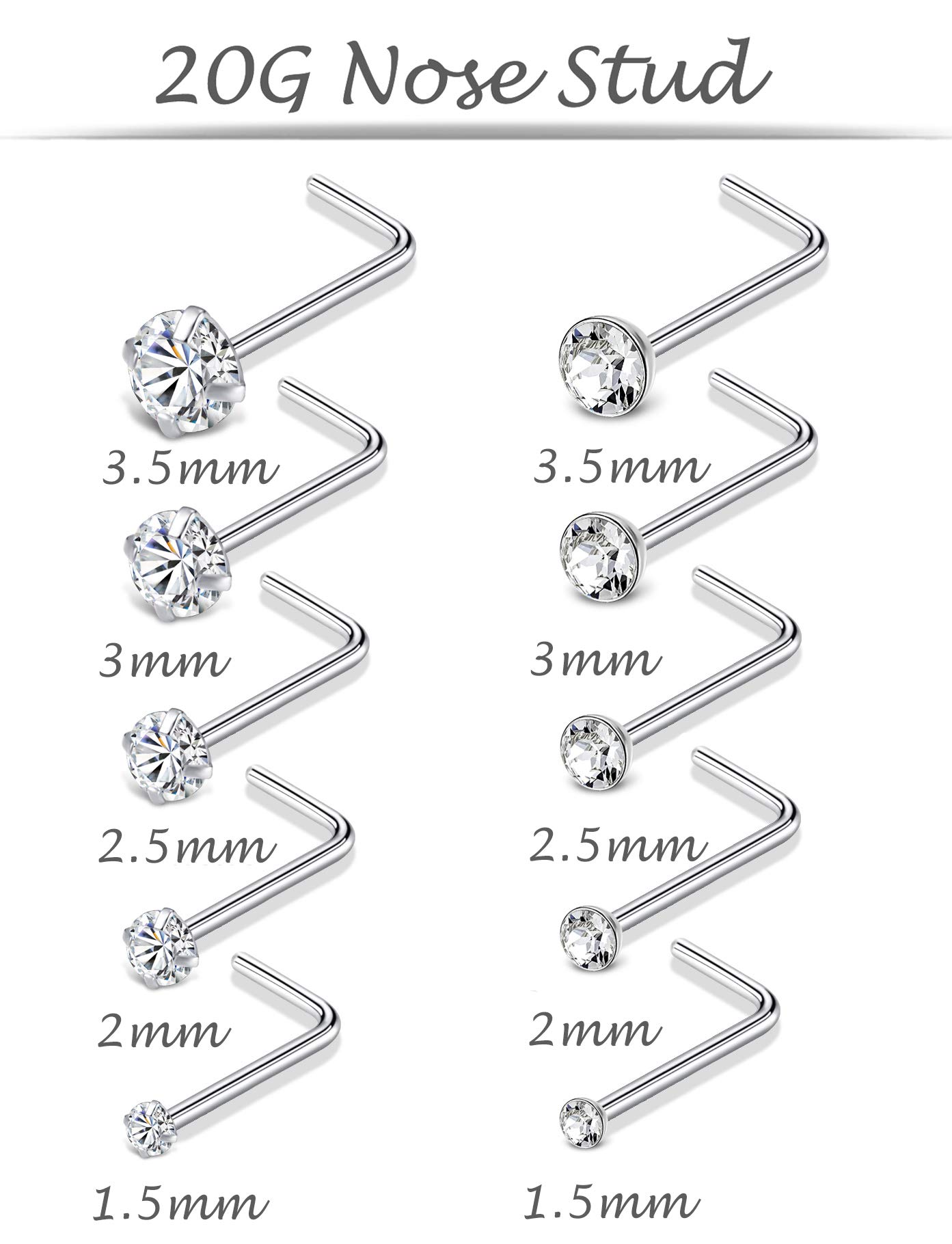 Tornito 20G 10Pcs Stainless Steel L Shaped Nose Studs Rings CZ Nose Ring Labret Nose Piercing Jewelry for Men Women Silver Tone 1.5mm-2mm-2.5mm-3mm-3.5mm CZ