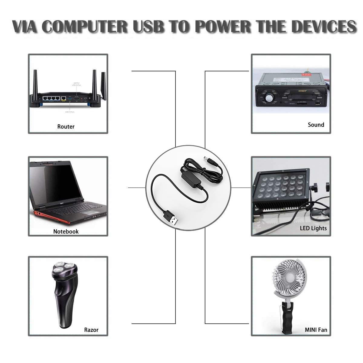 Vrllinking Step Up Converter Cable, DC 5V to 12V USB Voltage Step Up Converter Power Cable for Router/Smart Camera/Desk Lamp/Speakers/Blue Tooth Headset/DVD Player/TV Monitor/Old Phone (Black 5.25Ft)