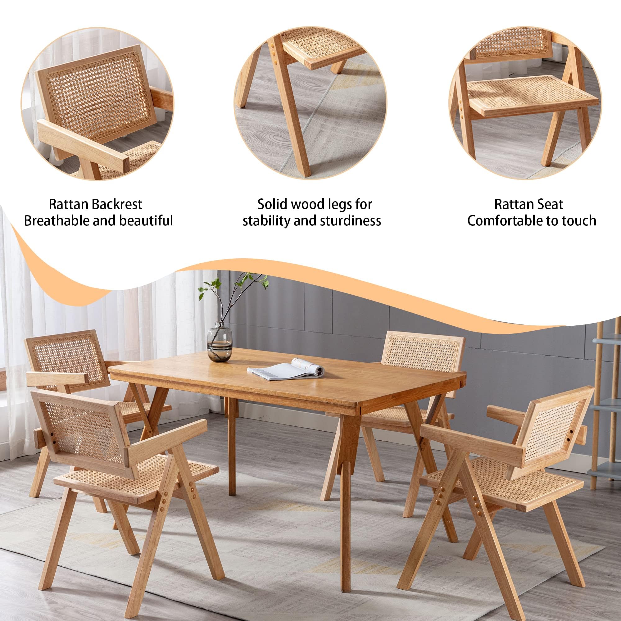 Westice Rattan Dining Chairs Set of 6, Wooden Kitchen Chairs with Faux Cane Seat & Backrest, Solid Wood Legs, Comfy Farmhouse Retro Side Chair for Indoor Dining Room, Natural