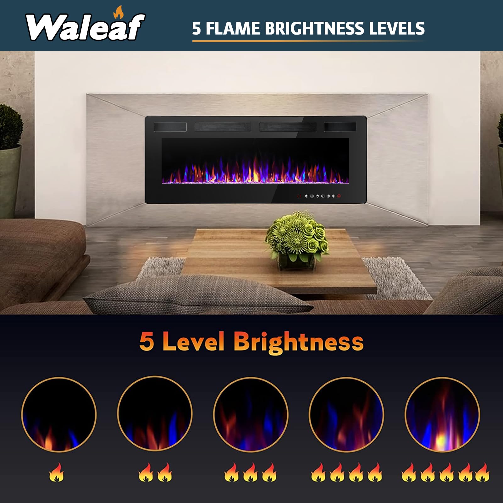 Waleaf 50 inch Ultra-Thin Electric Fireplace Wall Mounted/Recessed,Fireplace Heater with Multicolor Flame,Timer Low Noise 750/1500W,with Remote Control Touch Screen