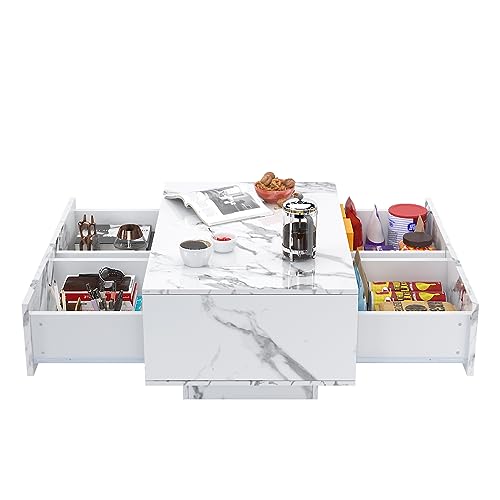 St.Mandyu LED Coffee Table with Storage Drawers,Modern High Glossy Center Table with 20 Colors LED Lights for Living Room (White Marble)