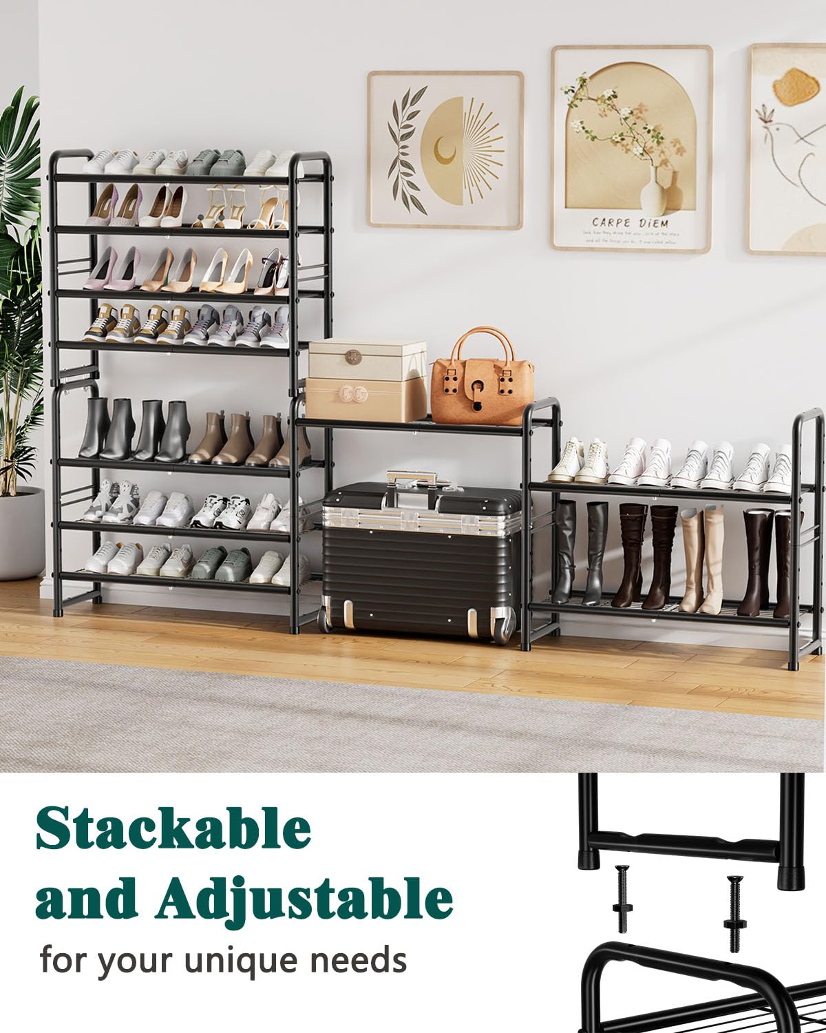 SUFAUY Shoes Rack Shelf for Closet Metal Stackable Shoe Organizer, Expandable & Adjustable Storage Shelves, Wire Grid, 4-Tier, Black