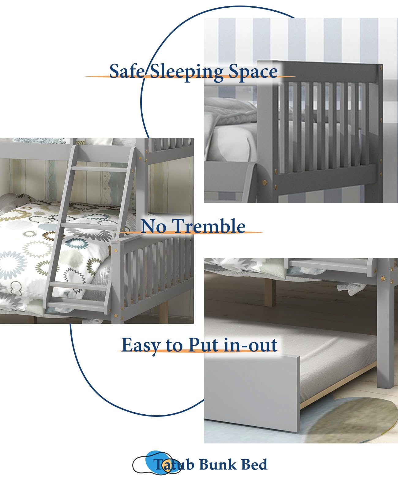 Tatub Twin Over Twin Bunk Bed with Trundle, Pine Wood Frame, Ladder and Guard Rails, Solid Bunk Bed with Trundle for Kids, Teens, Boys and Girls, No Box Spring Needed, White