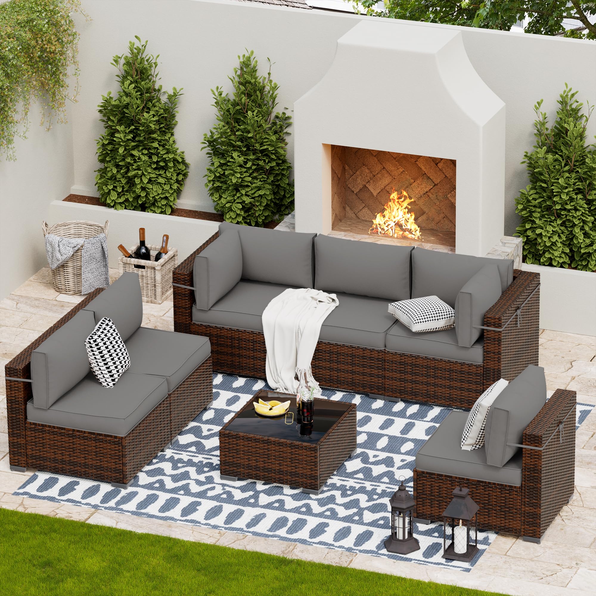 UDPATIO Patio Furniture Sets, Modular Rattan Outdoor Patio Sectional Furniture Sofa Set, Wicker Patio Conversation Set for Backyard, Deck, Poolside w Glass Coffee Table, 7PC Grey (Include Sofa Cover)