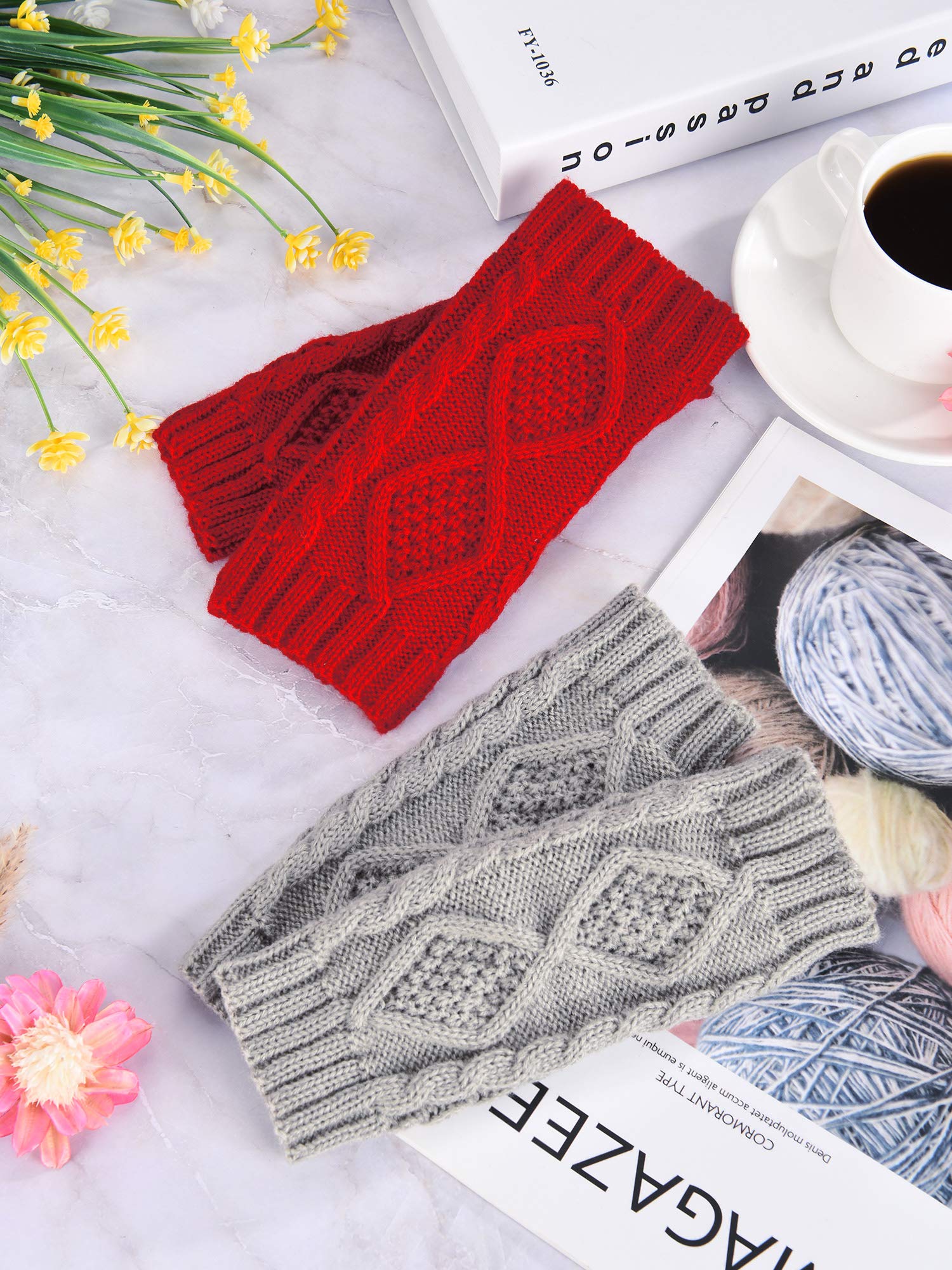 SATINIOR Women Warm Knit Fingerless Winter Gloves Thumbhole Arm Warmers Mittens (Black, Red, White, Light Grey, 4 Pairs)