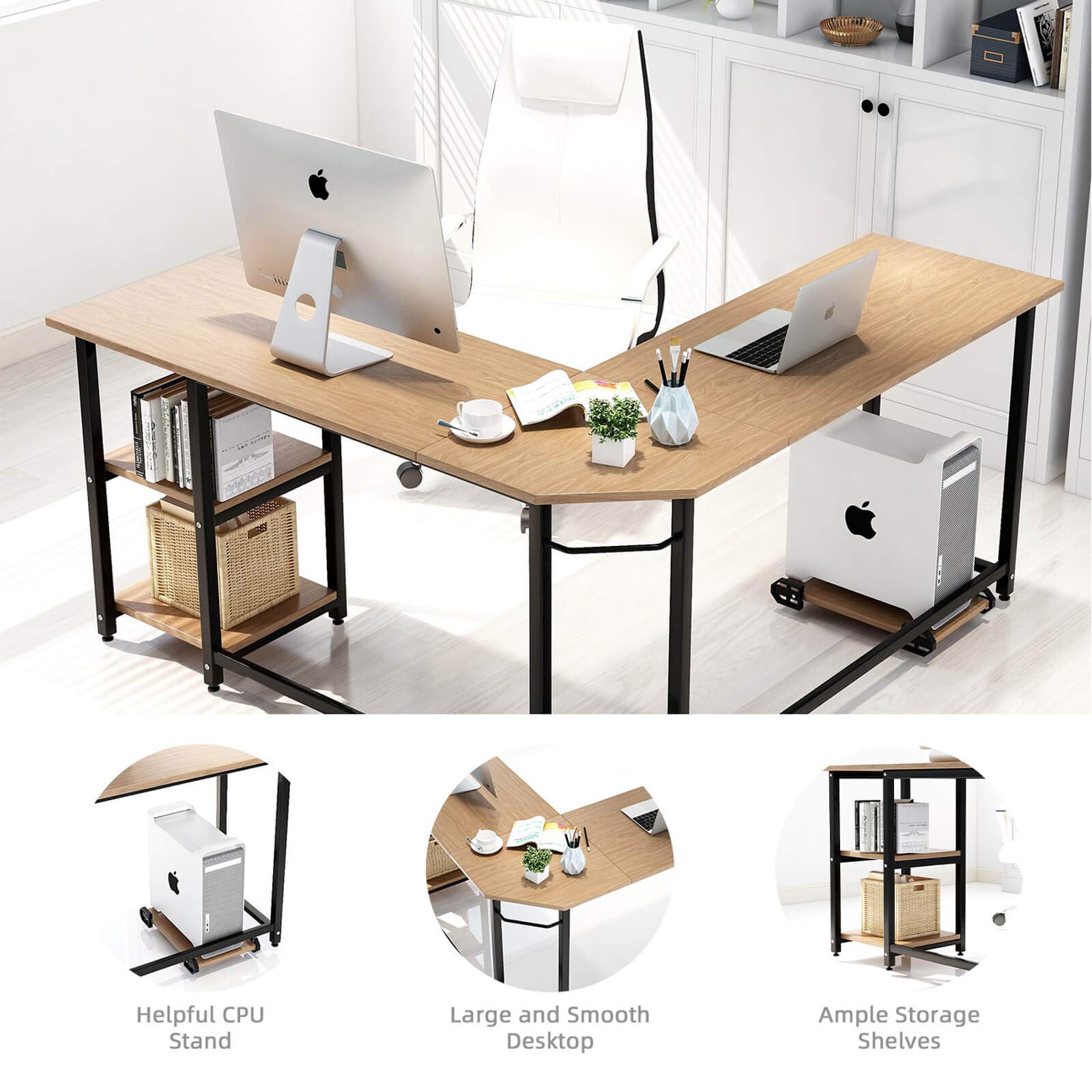 Twomaples L-Shaped Desk with Storage Shelves - Computer Corner Desk for Small Space,Home Gaming Desk Study Writing Table with Bookshelves/CPU Stand Modern Steel Frame Wood Desk Home Office Workstation