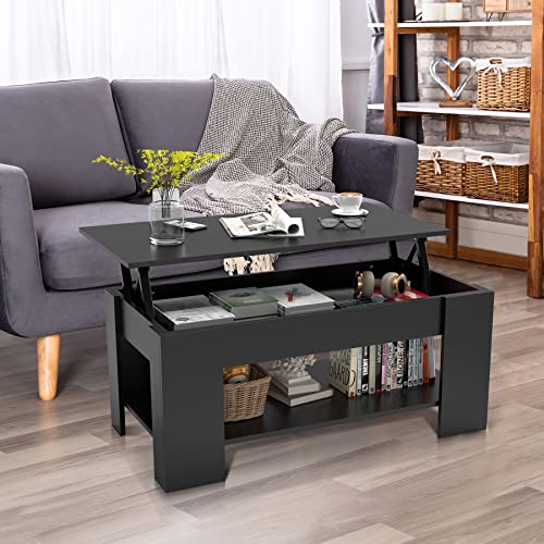 SUPER DEAL Lift Top Coffee Table with Hidden Compartment and Storage Shelves, Modern Rising Tabletop Dining Table with Sturdy Metal Frame for Living Room Reception Room, 38.5 in L, Black