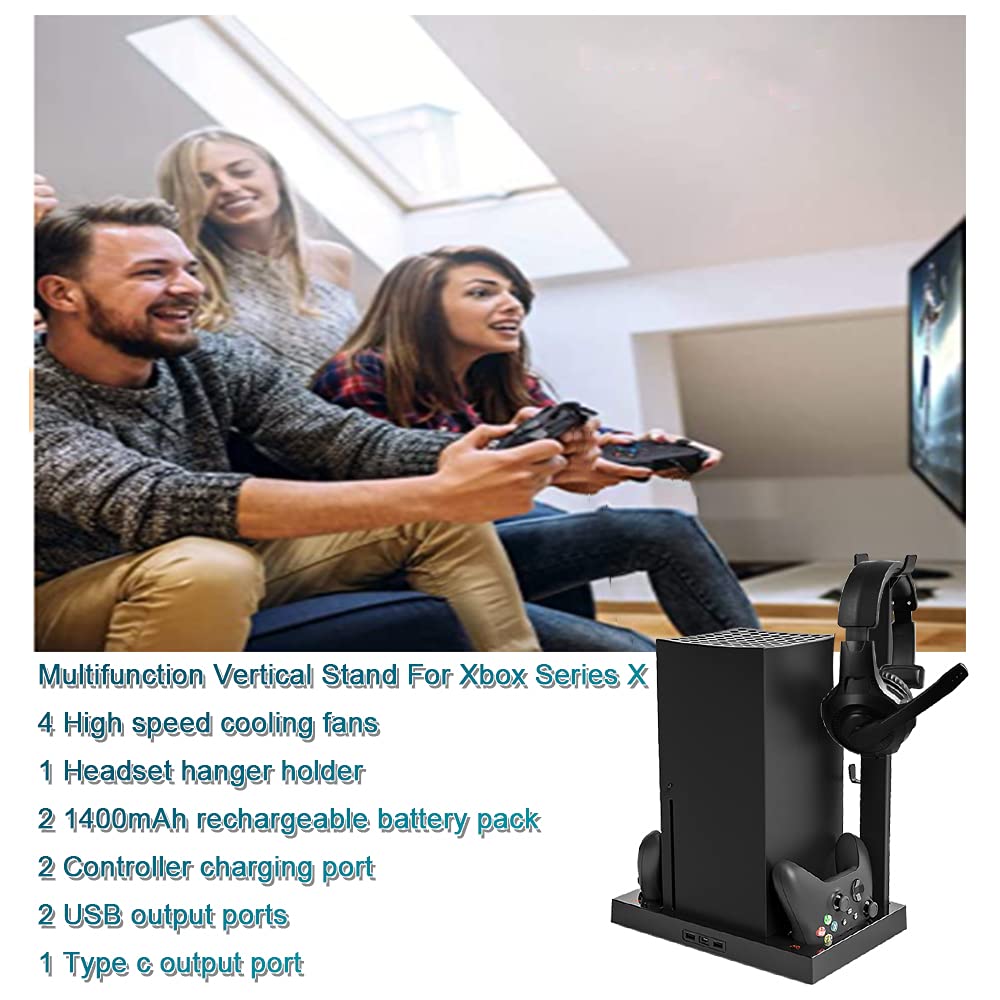 Xbox Series X Cooling Stand, Megadream Dual Controller Charging Dock Station with 4 Cooling Fan, 1 Headphone Holder, 2 Pack 1400mAh Rechargeable Batteries for Xbox Series X Console