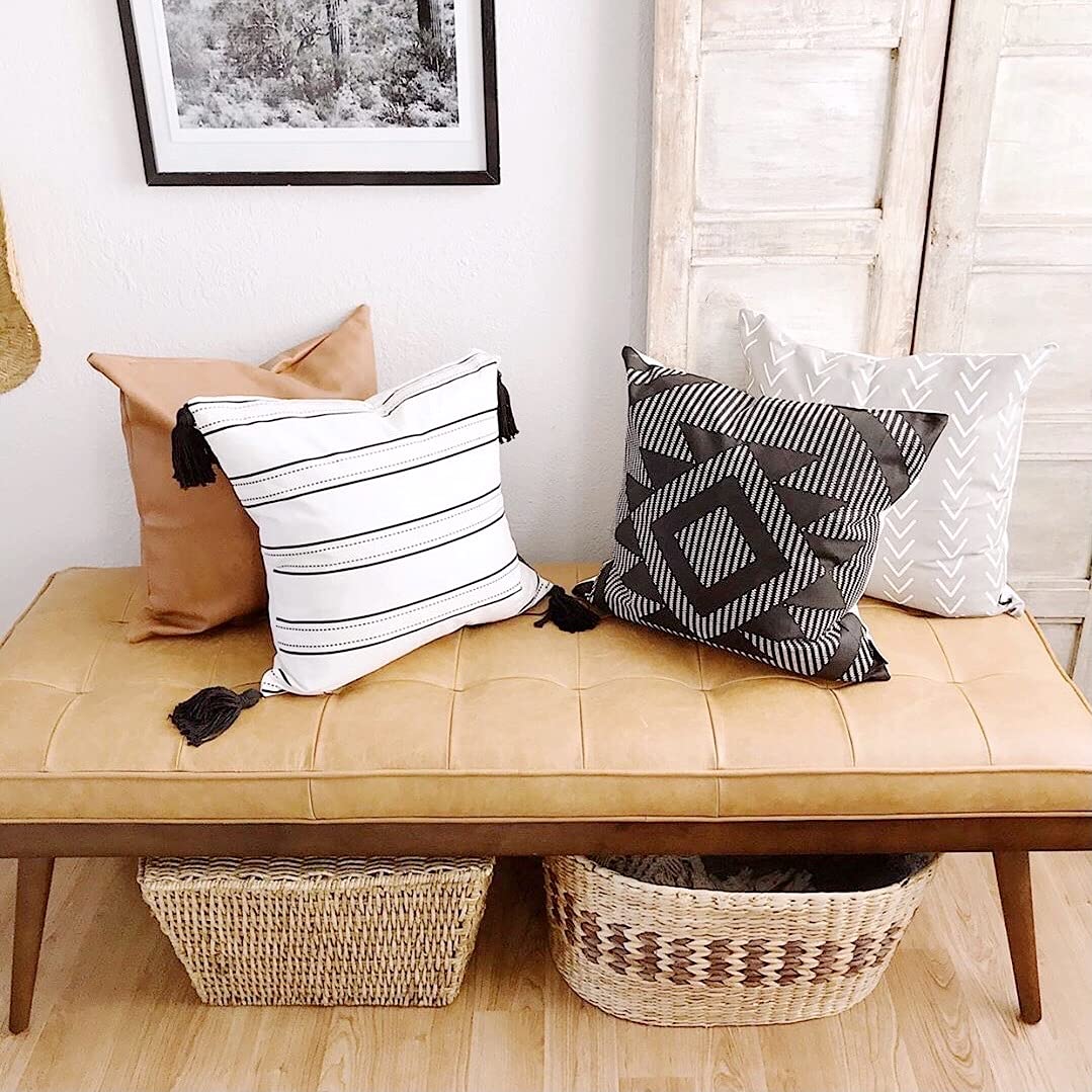 Texture + Ink Boho Pillow Covers Set of 4 Throw Pillow Covers for Sofa, Bed or Bench 100% Cotton and Faux Leather Modern Decor Pillow Cases - Aria Set 18 x 18