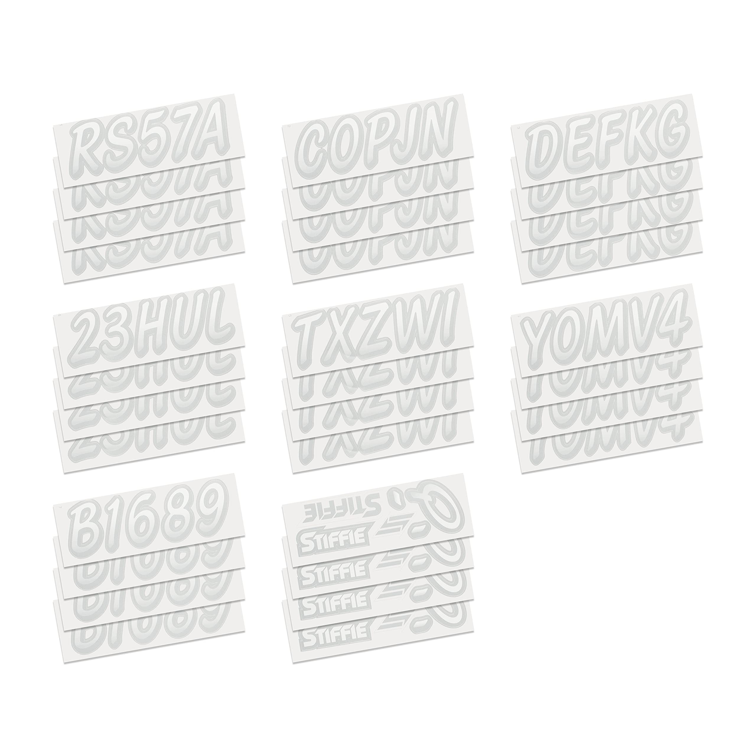 STIFFIE Whipline White/Silver SUPER STICKY 3" Alpha Numeric Registration Identification Numbers Stickers Decals for Sea-Doo SPARK, Inflatable Boats, RIBs, Hypalon/PVC, PWC and Boats.