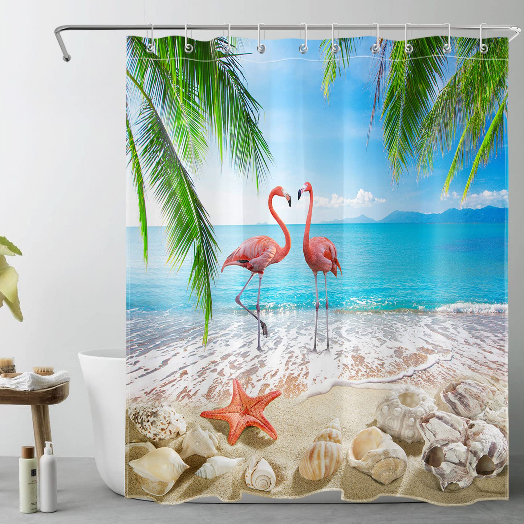Summer Ocean Beach Shower Curtain for Bathroom Funny Pink Flamingo and Starfish with Seashell Coastal Bathroom Shower Curtains with Hooks, Tropical Palm Leaf Bathroom Curtains Shower Set 60x72 inch