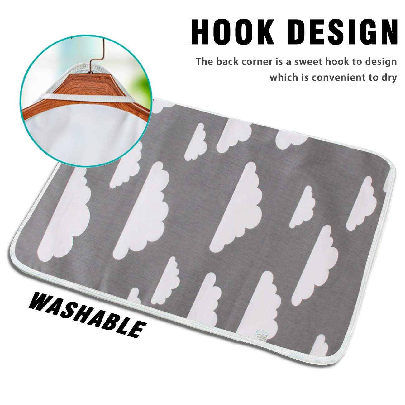 Waterproof Diaper Changing Pad (23.6"x 29.5"), Entyle Washable Reusable Breathable Leak Proof Infant Mattress Pad Portable Travel Baby Changing Mat (Grey Clouds)