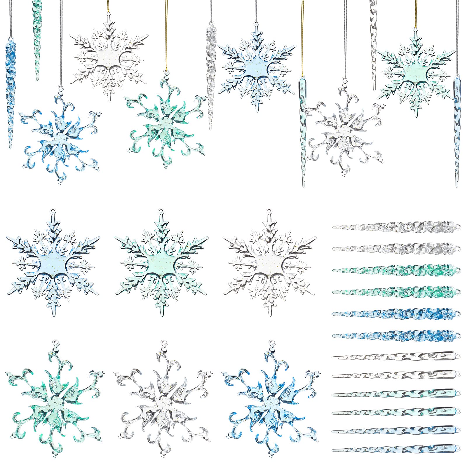 VGOODALL Christmas Snowflake Decorations, 36pcs Icicles Ornaments Set Clear Snowflake Acrylic Christmas Ornaments for Santa Outdoor Party Decoration Craft Projects