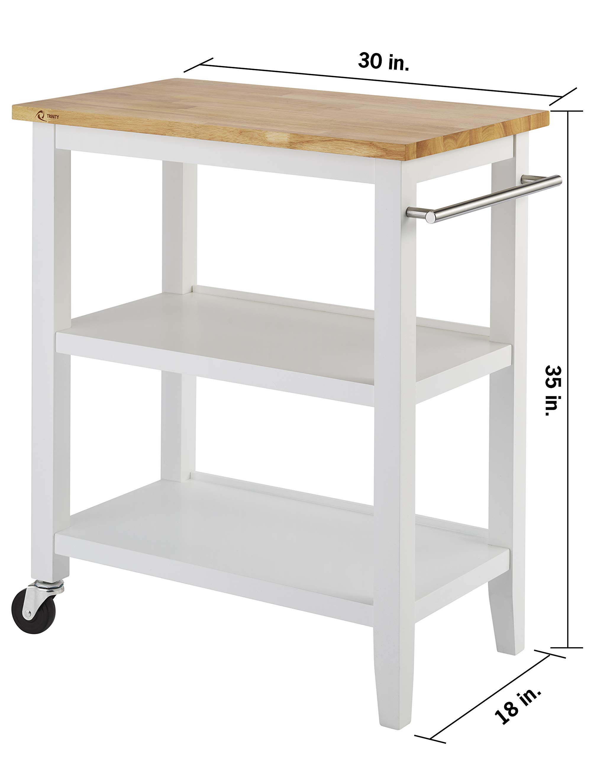 TRINITY 30-Inch Wood Kitchen Coffee Cart with Wheels, Two Shelves, and Rubberwood Work Surface for Kitchen Storage and Food Preparation, 30” W x 18” D x 35” H