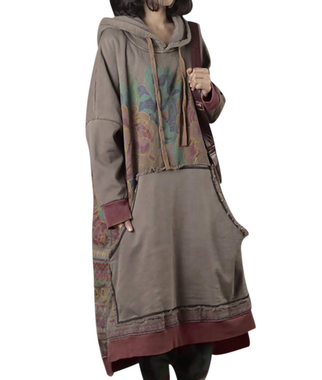 YESNO JFD Women Long Casual Hooded Sweatshirt Dress Ethnic Floral Print Color Block Hemline/Kangaroo Pocket (JFD Khaki, one_size)