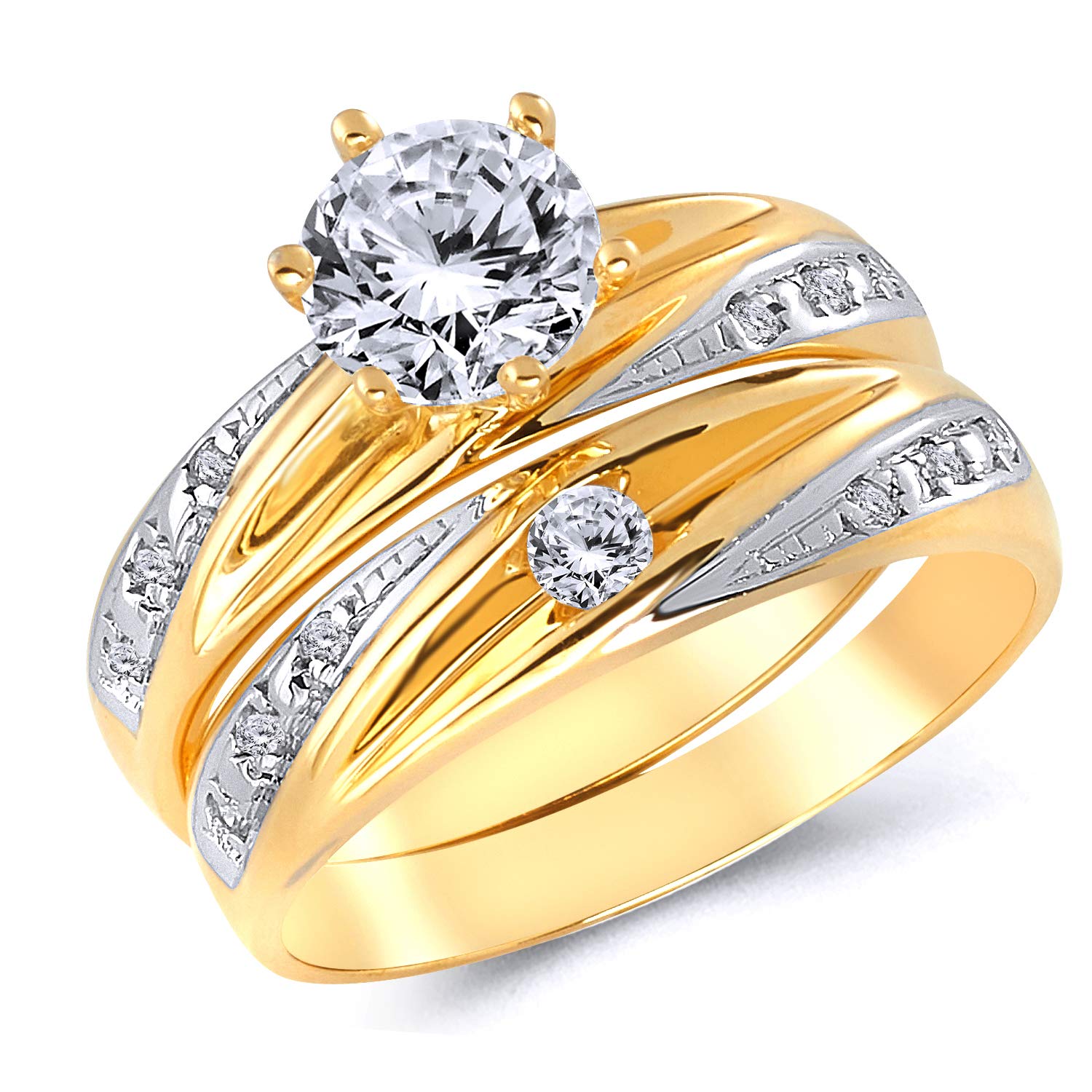 Wellingsale Ladies Solid 14k Two 2 Tone White and Yellow Gold Polished CZ Cubic Zirconia Round Cut Engagement Ring with Side Stones and Wedding Band Bridal Set - Size 8