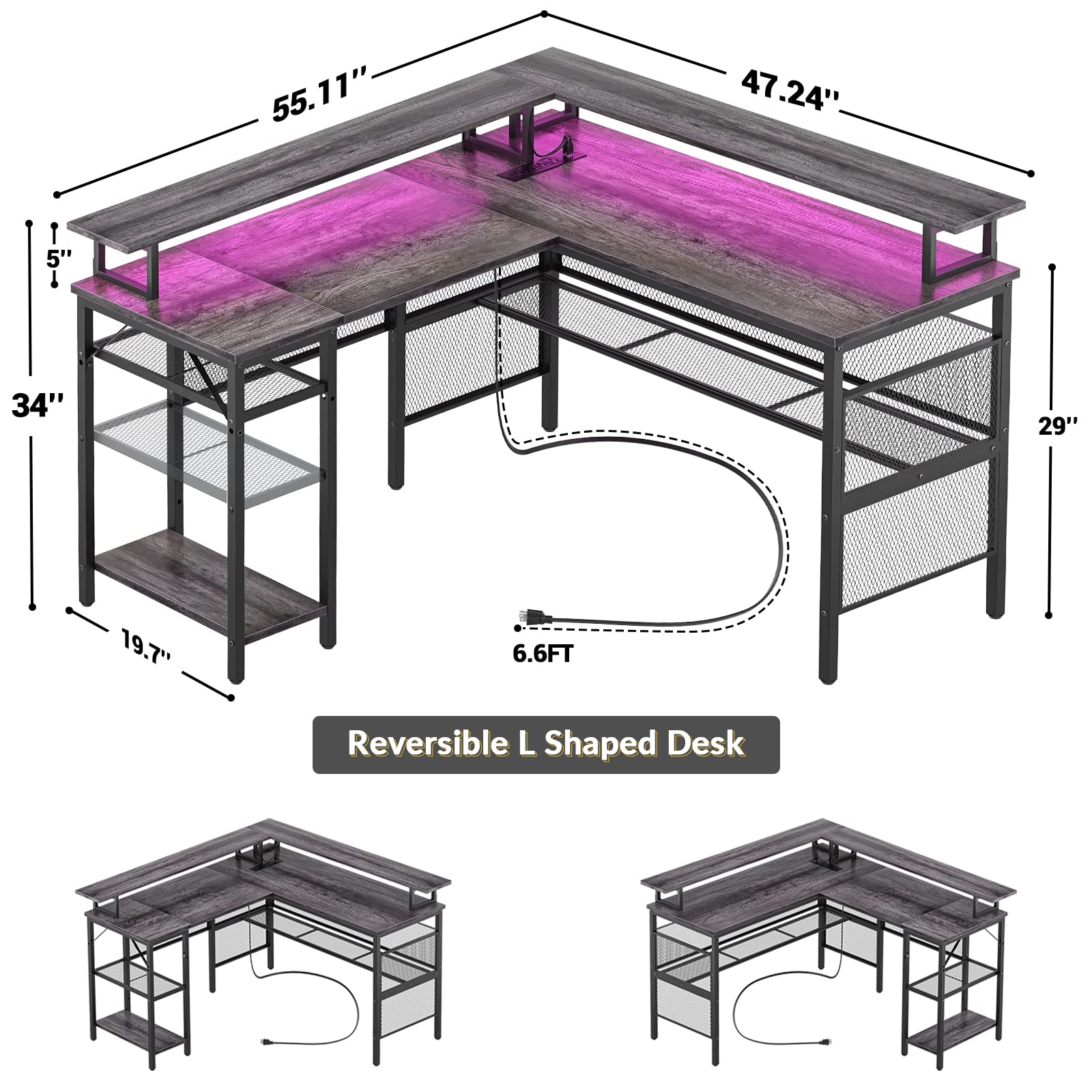 Unikito Cool L Shaped Computer Desk, Reversible Corner Office Desk with Smart Strip Light and Magic Power Outlets, Sturdy Ergonomic Gaming Table with Monitor Stand and Storage Shelf, Grid Design, Gray
