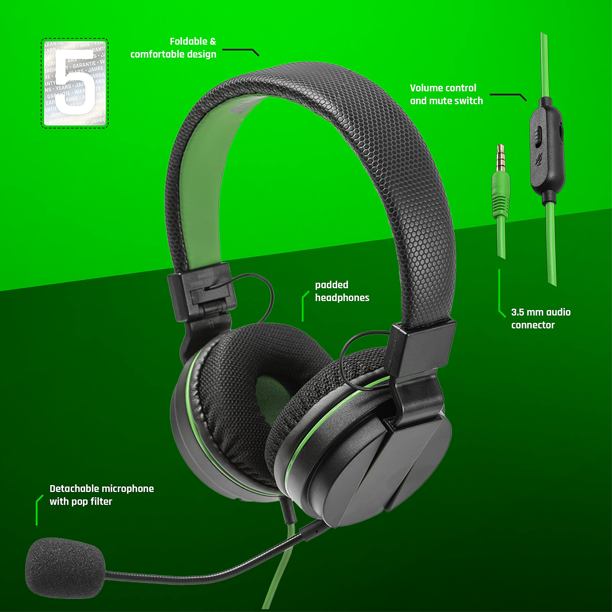 Snakebyte Head Set X - On Ear Stereo Headset for Gaming Consoles with detachable Mic, Inline Control, Wired 3.5Mm Headphone for Use with PC, Laptop, Xbox One, Switch, PS4 - Xbox One