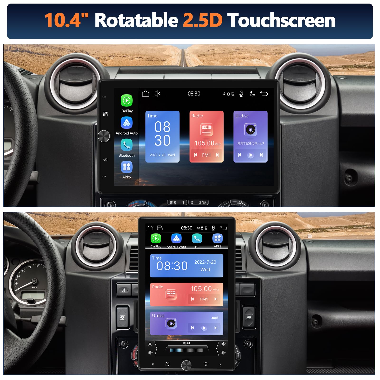 Single Din Apple Carplay Car Stereo with Android Auto, 10.4β Rotatable Vertical Touchscreen Bluetooth Car Radio with Mirror Link | Voice Control | FM Radio | 16-band EQ | USB | TF | AUX+Backup Camera