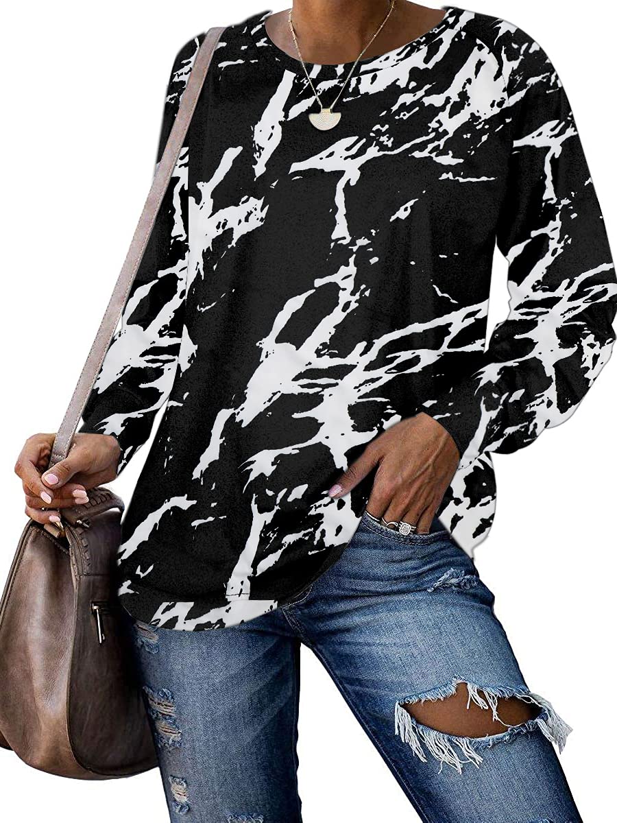 XCHQRTI Womens Crewneck Long Sleeve Sweatshirts Striped Casual Tops Printed Loose Pullover Shirts Marble Black Small
